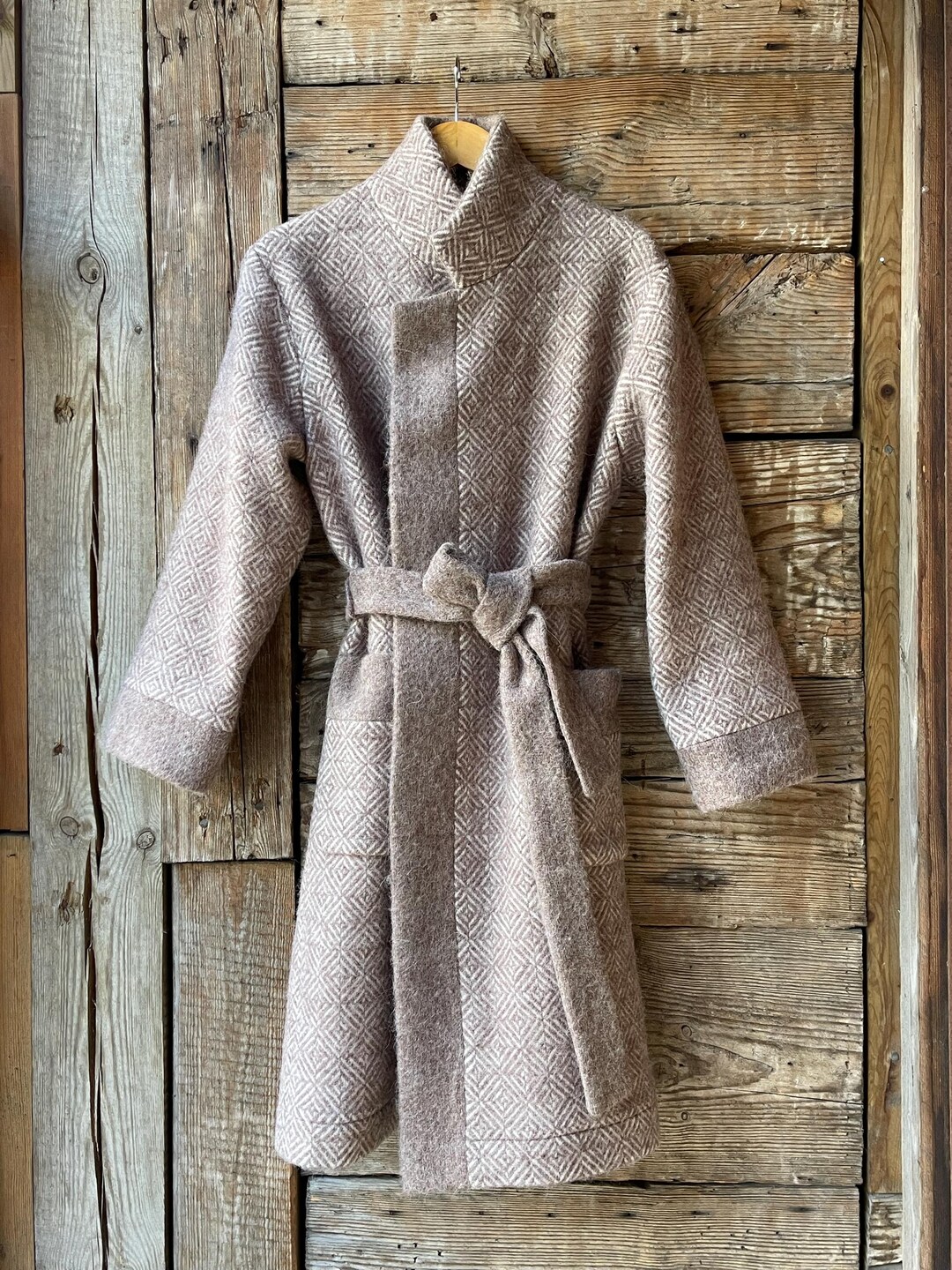 Beige Wool Robe Coat With Tie Belt and Pockets M Size Pure Lambswool ...