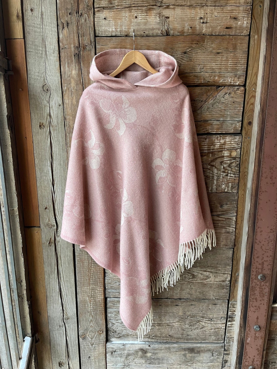 Pink Merino Wool Blanket Poncho Cape With Hood Light Pink Hooded Poncho ...