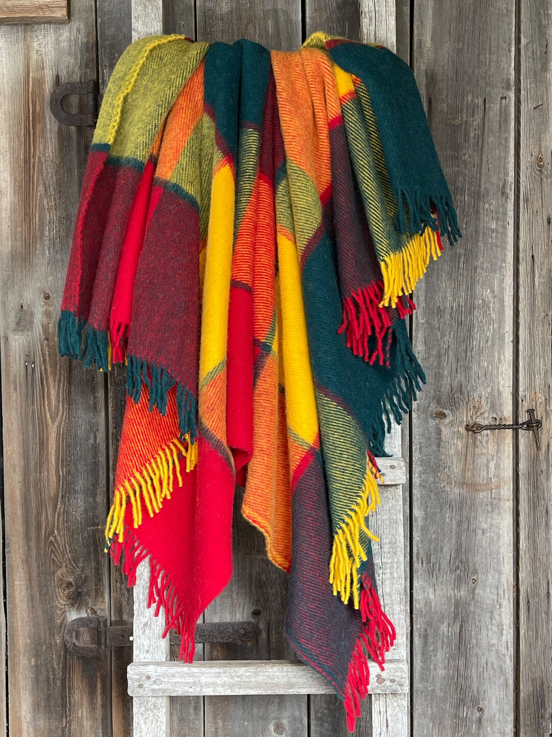 Green Wool Throw Blanket With Fringes Large Check Green/red/yellow ...