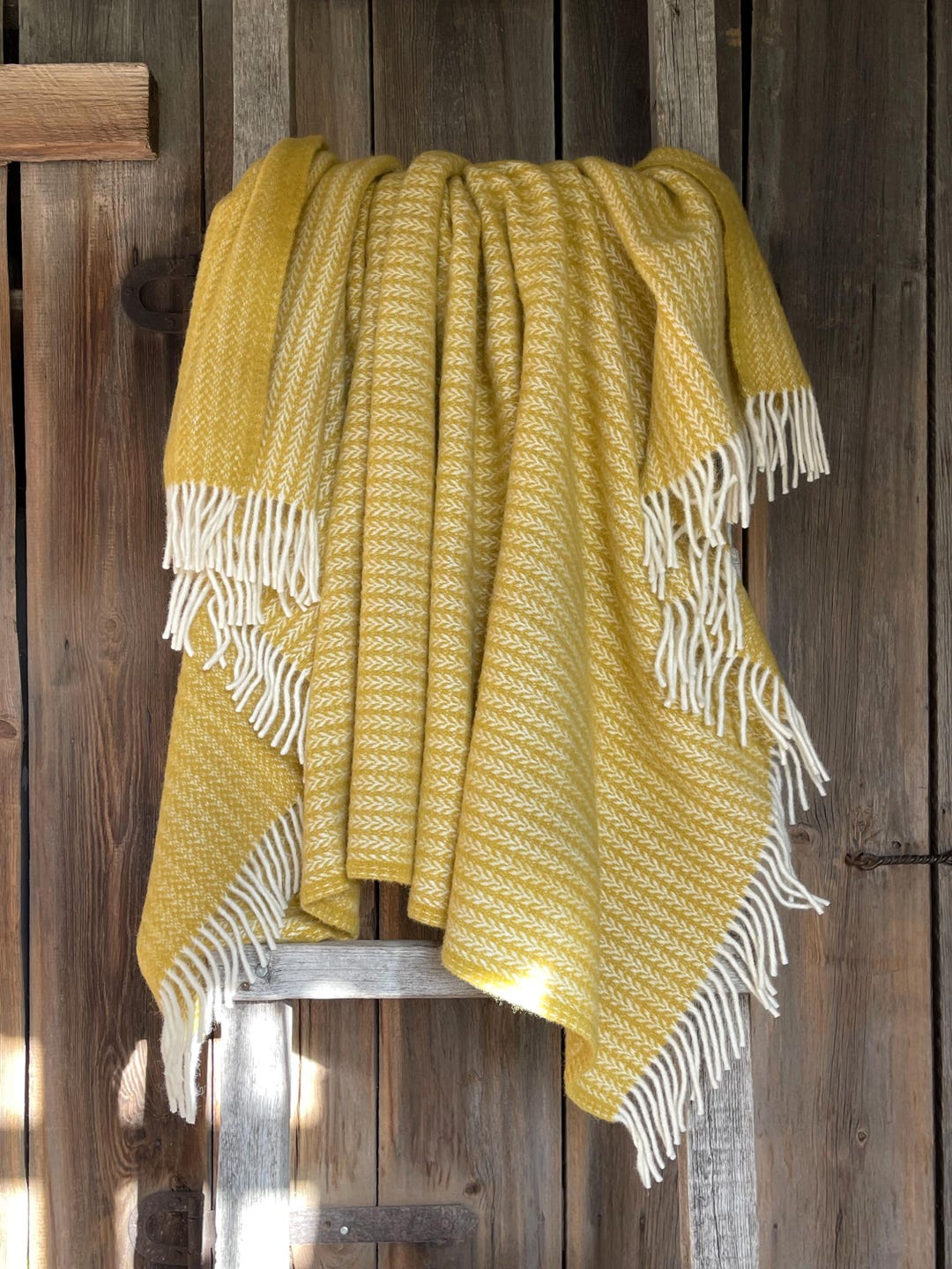 Mustard Yellow Lambswool Throw Blanket Herringbone Pattern With White ...
