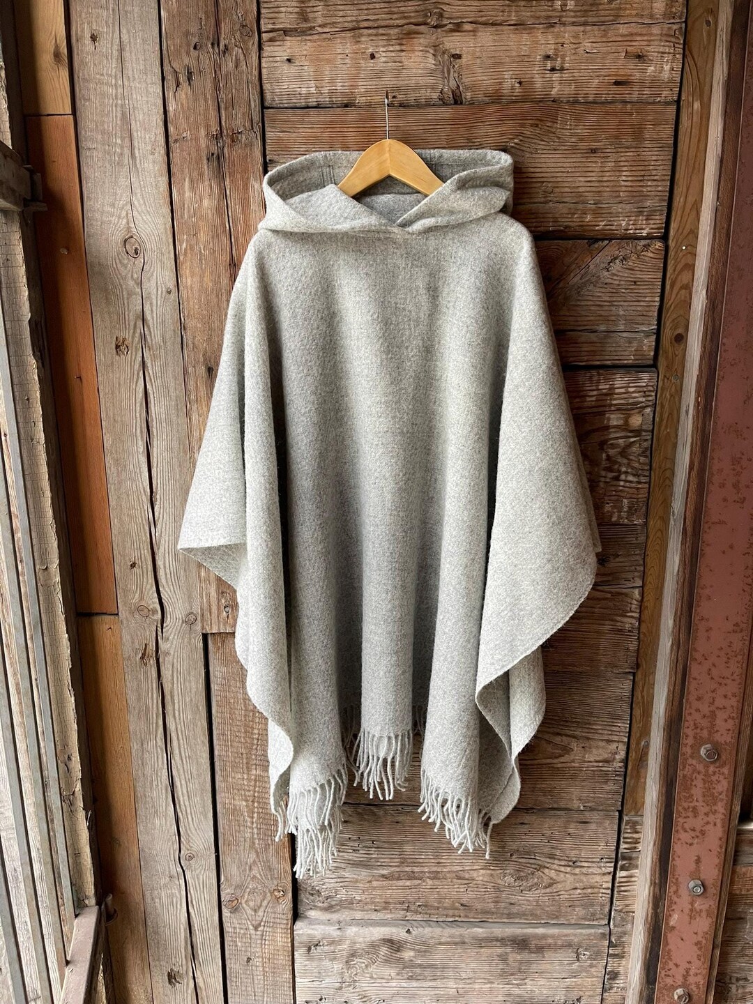 Grey Wool Poncho Hood and Fringes Light Grey Hooded Ponchos Capes ...