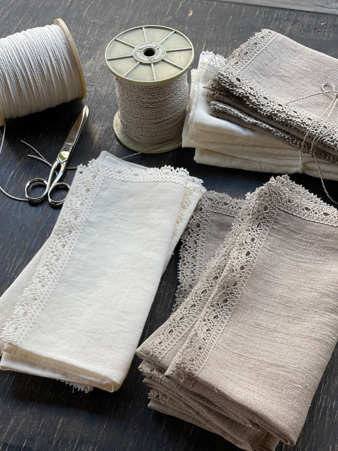 100 % LINEN NAPKINS Off-white With Linen Lace Napkins Rustic Linen ...