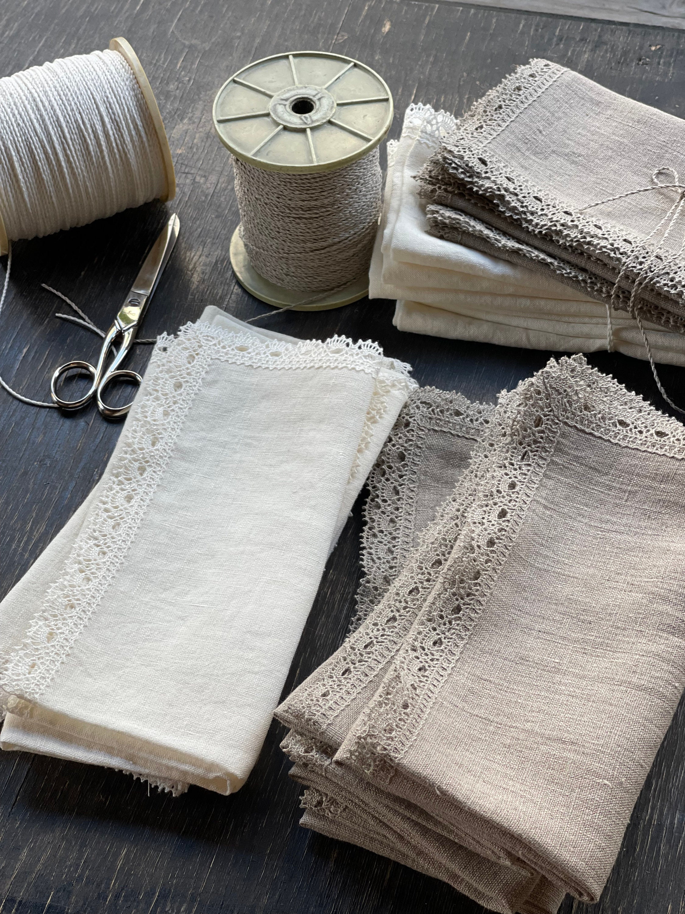 100 % LINEN NAPKIN Off-white With Linen Lace Napkin Rustic Linen Napkin ...