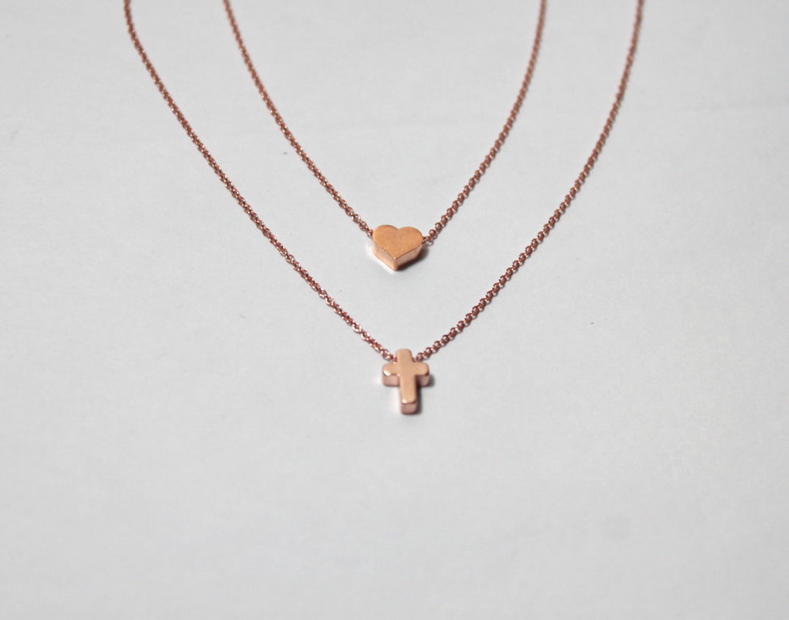 Rose Gold Cross Heart Necklace.two Layer Necklace With Heart | Etsy
