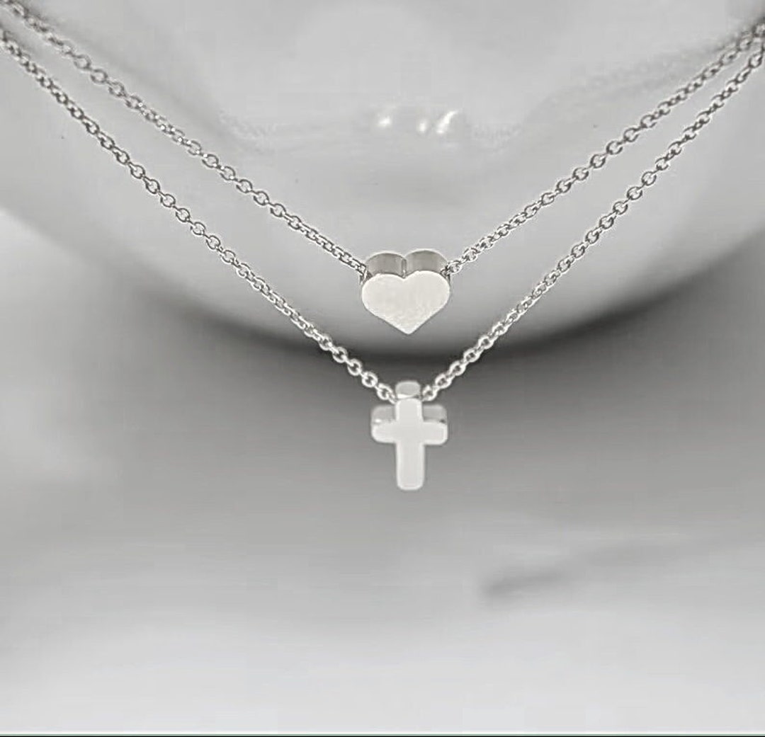 Cross Heart Necklace Set.initial Heart Necklac. Layered Cross Jewelry ...