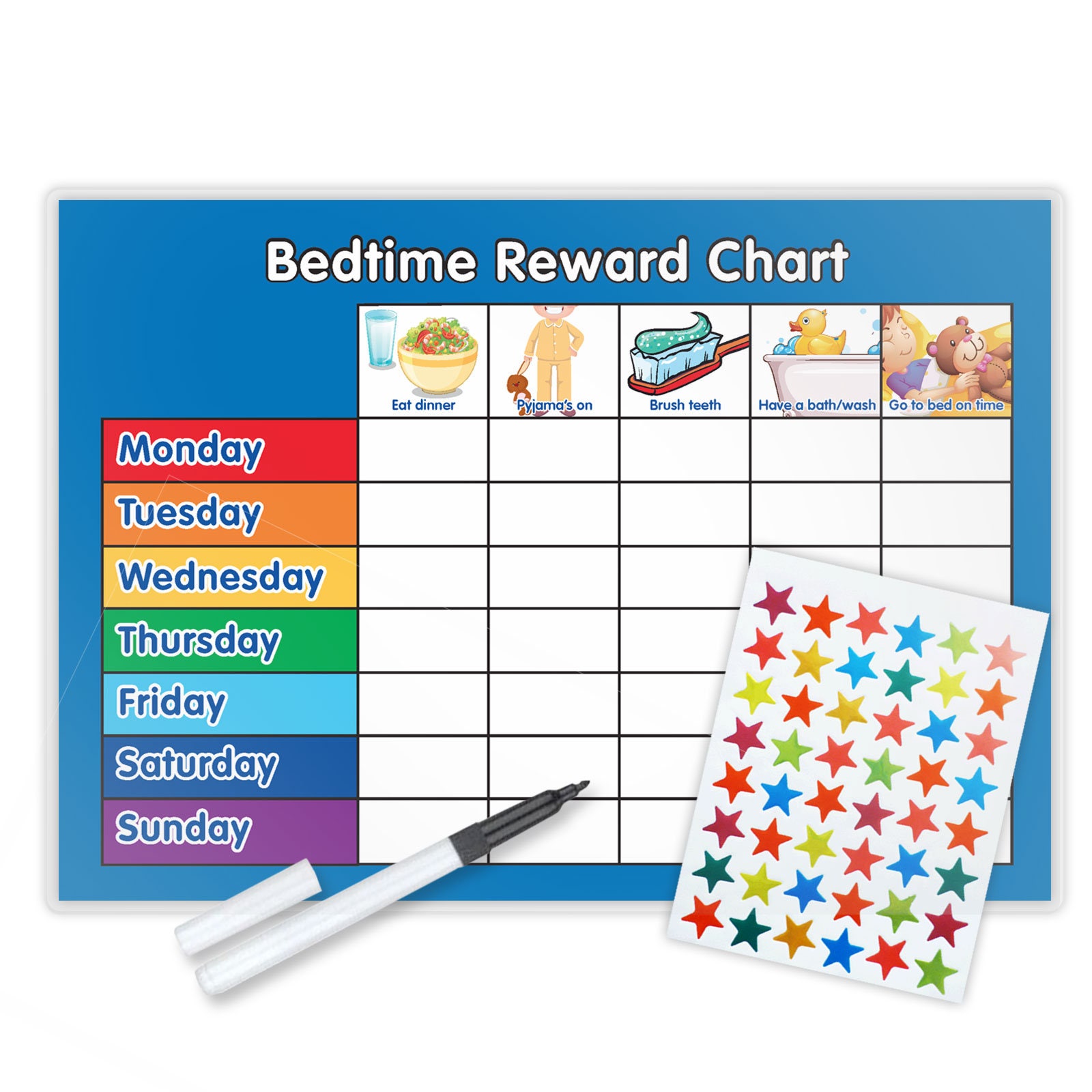 Re-usable Bedtime Reward Chart (including FREE Stickers and Pen) - Blue ...