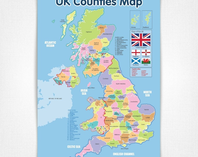 UK Counties Map Educational Poster A2 - Etsy