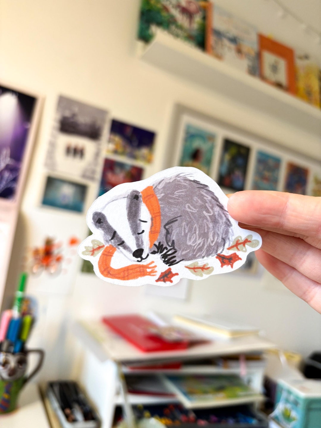 Sleepy Badger Sticker - Autumn Leaves, Cute, Glossy, Positive, Garden ...