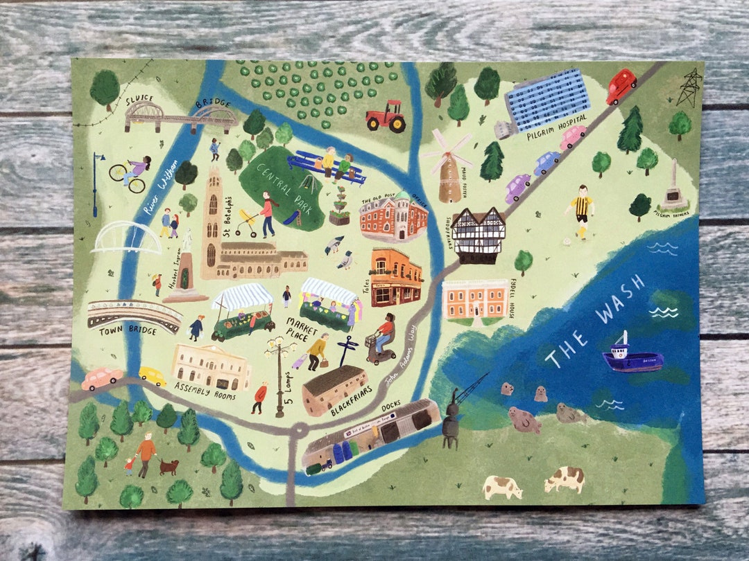 Boston, Lincolnshire, UK Illustrated Map A5 Print, Lincs, Yellow Belly ...
