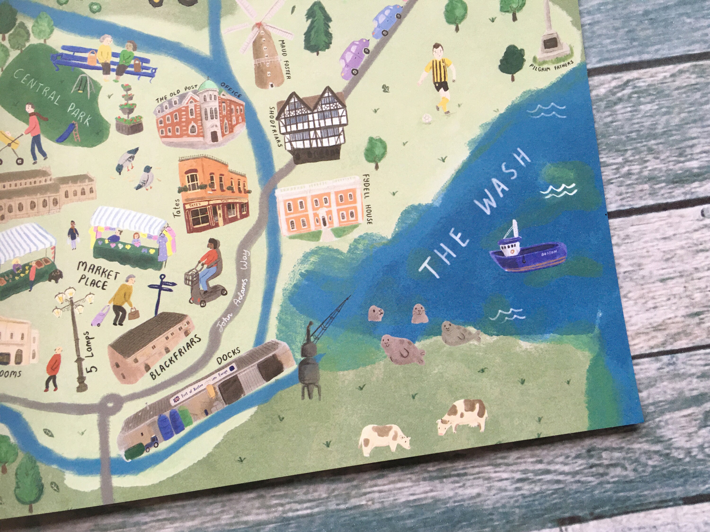 Boston, Lincolnshire, UK Illustrated Map A5 Print, Lincs, Yellow Belly ...