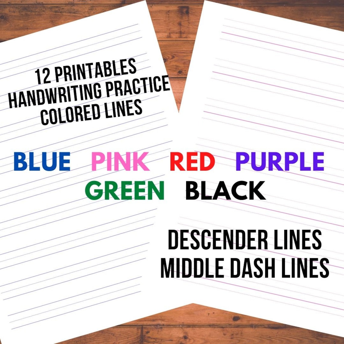 12 Printable Handwriting Practice Colored Lined Pages Colorful Lines ...