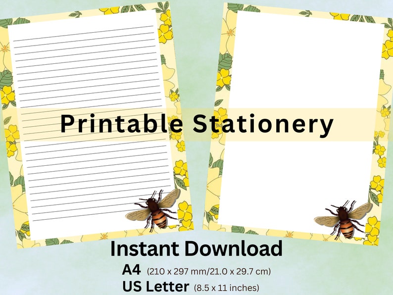 Bee Yellow Floral Stationery Letter Writing Paper Nature Printable ...