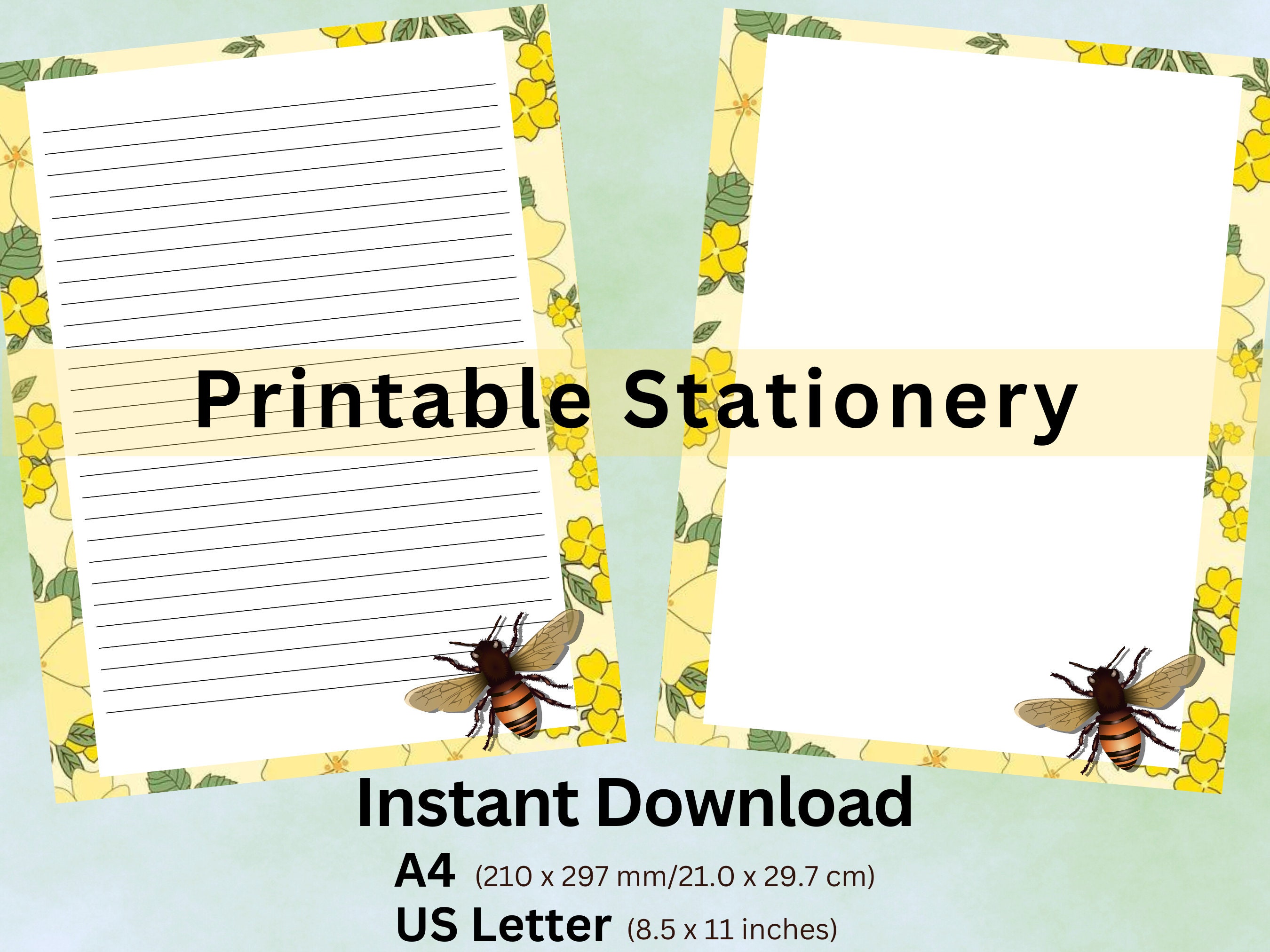 Bee Yellow Floral Stationery Letter Writing Paper Nature Printable ...