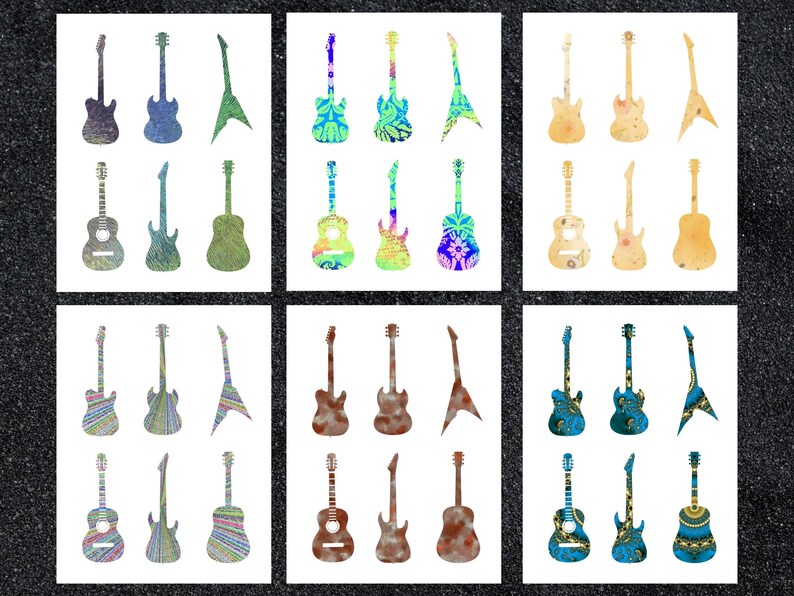 Set of 36 Printable Guitar Stickers - Digital Collage 6 Sheet Set ...