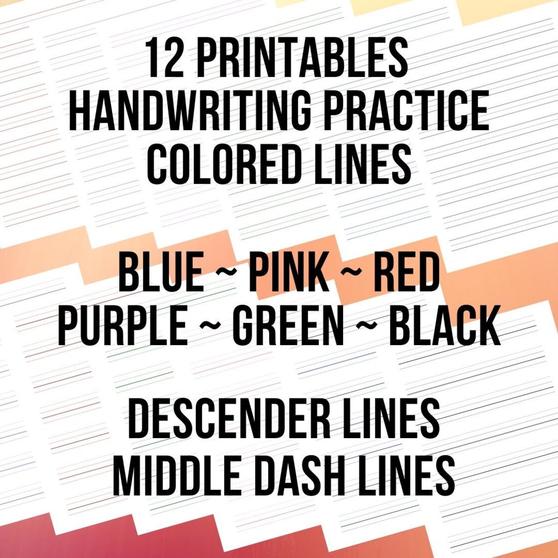 12 Printable Handwriting Practice Colored Lined Pages Colorful Lines ...