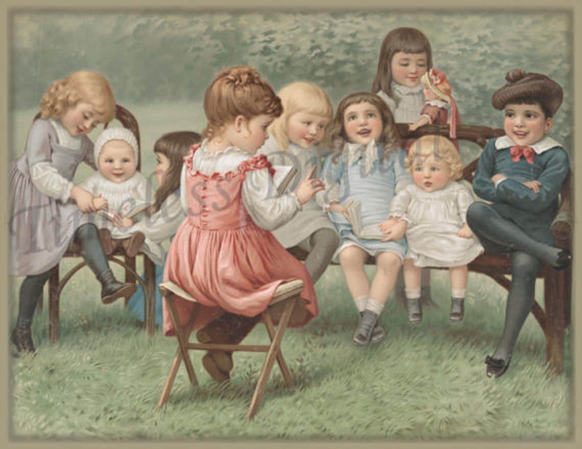 Adorable Victorian Children Playing School - Large Vintage Image ...