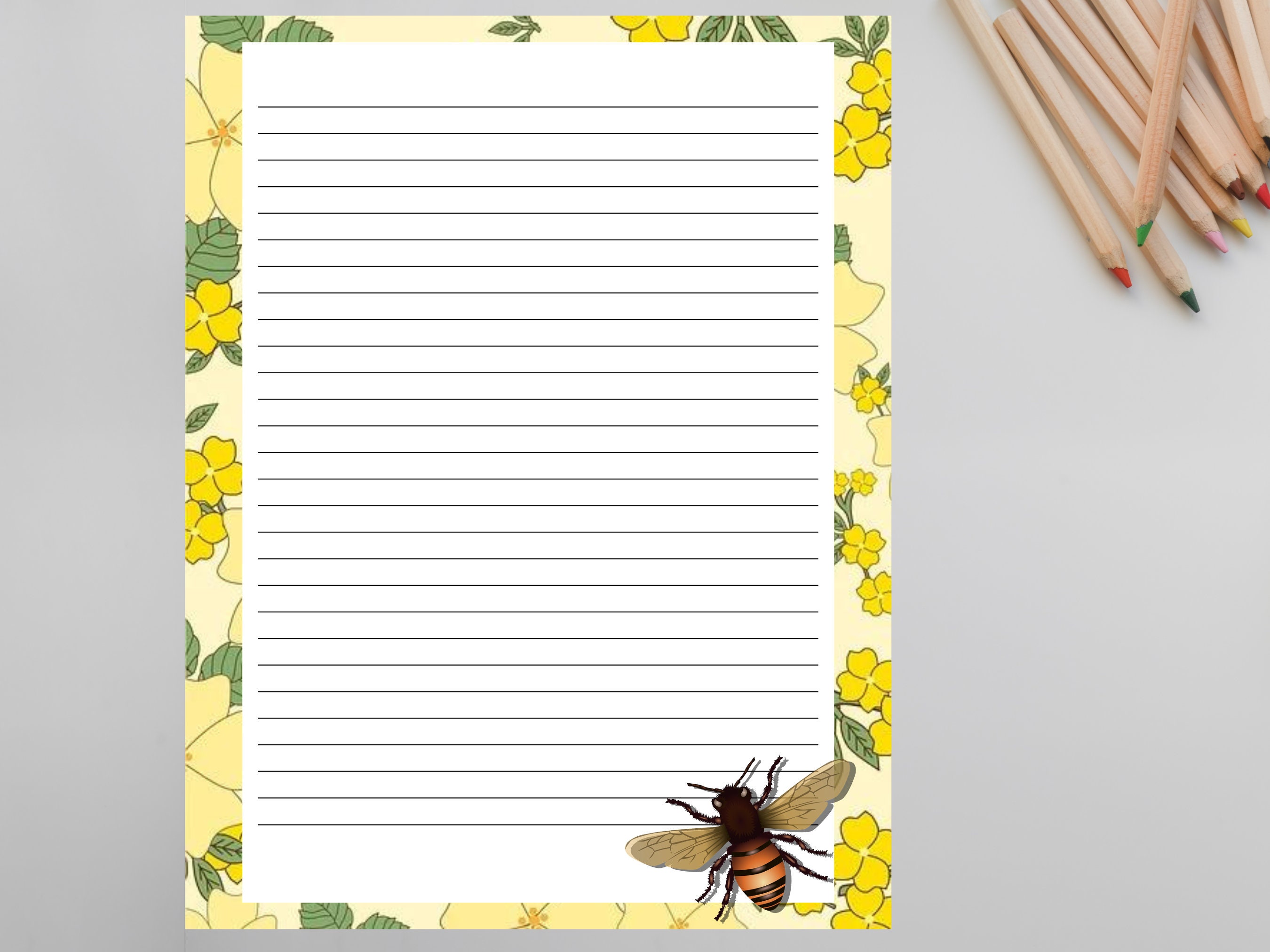 Bee Yellow Floral Stationery Letter Writing Paper Nature Printable ...