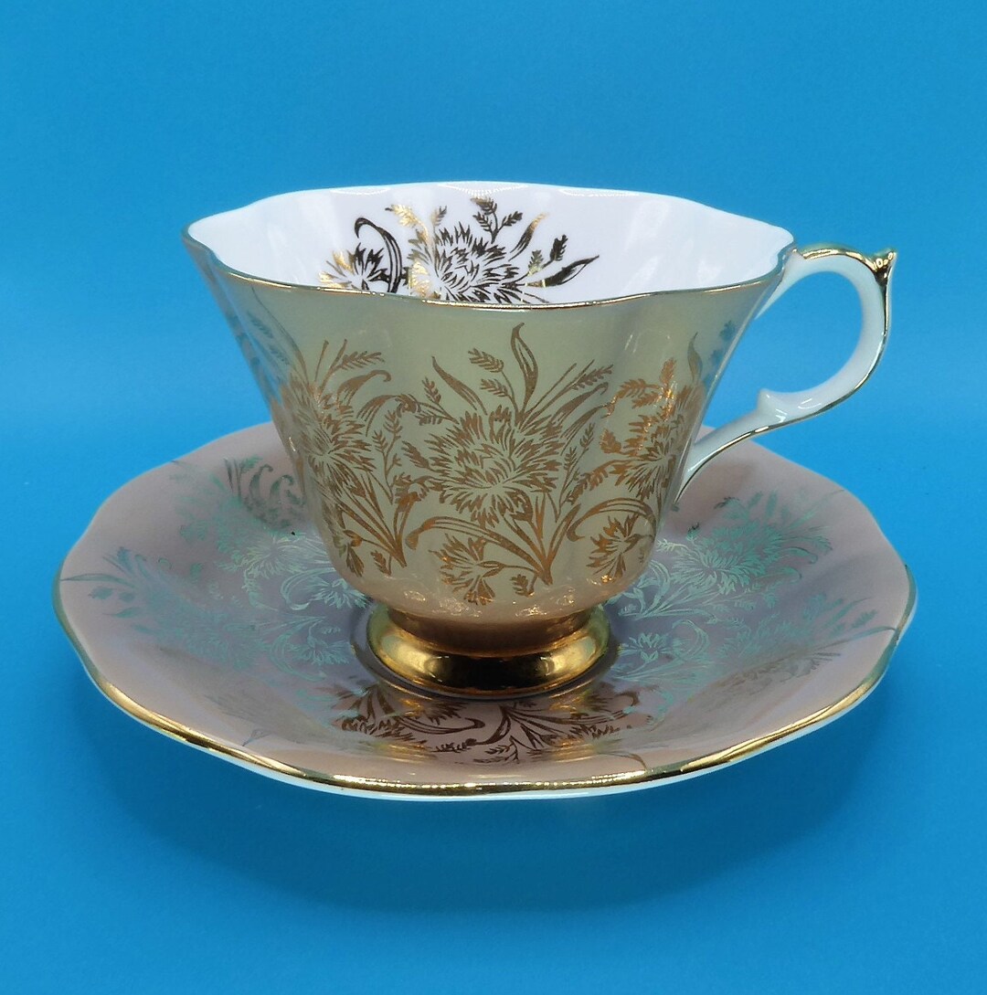 Queen Anne Tan and Gold Carnation Tea Cup and Saucer, Vintage English ...