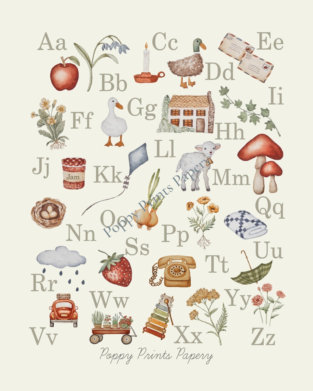 Alphabet Chart PRINTABLE (hand Painted Images) Alphabet ,goose, Candle ...
