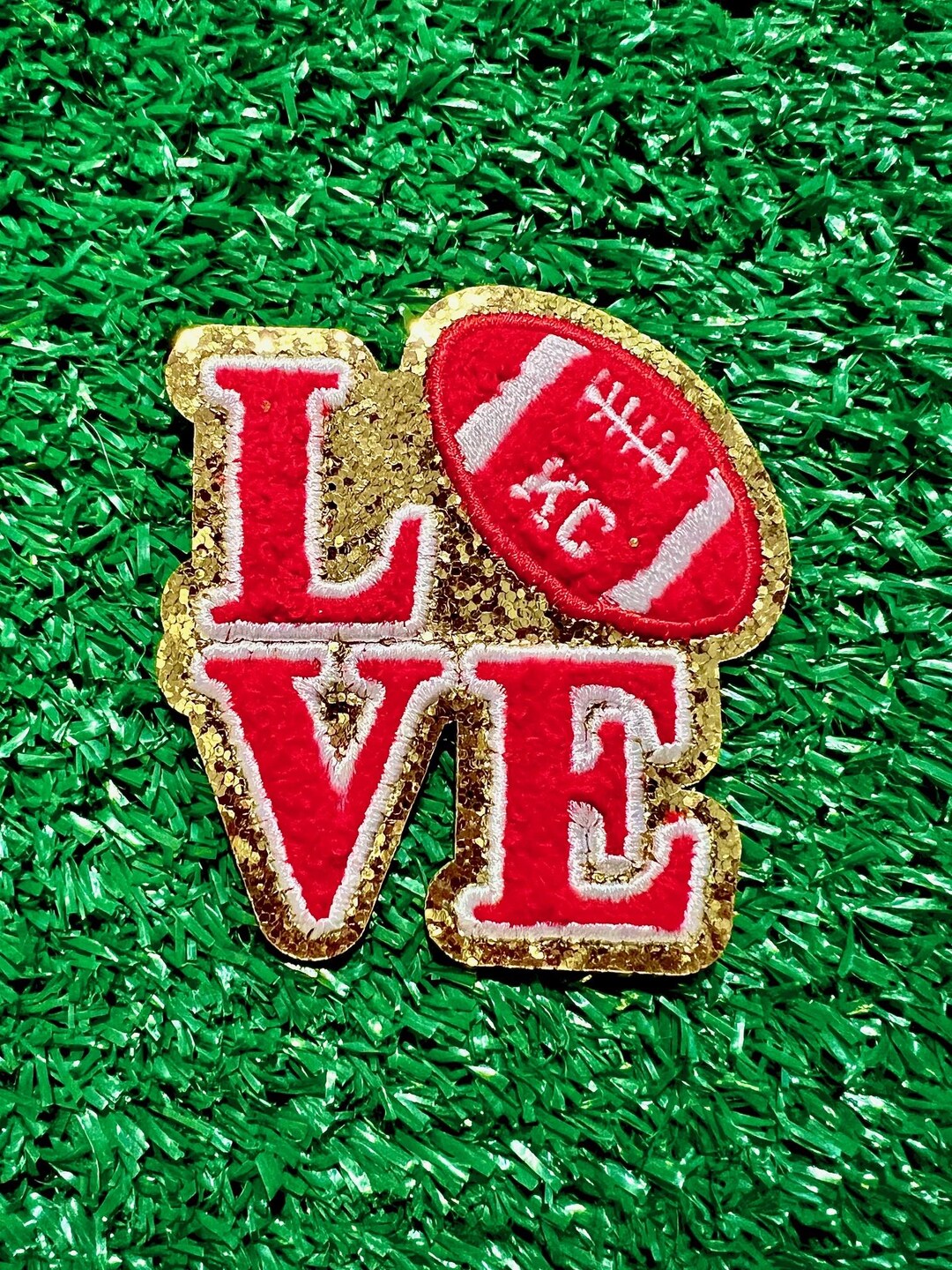 Chenille KC LOVE on Gold Glitter Embroidered Iron on Patch Kansas City ...