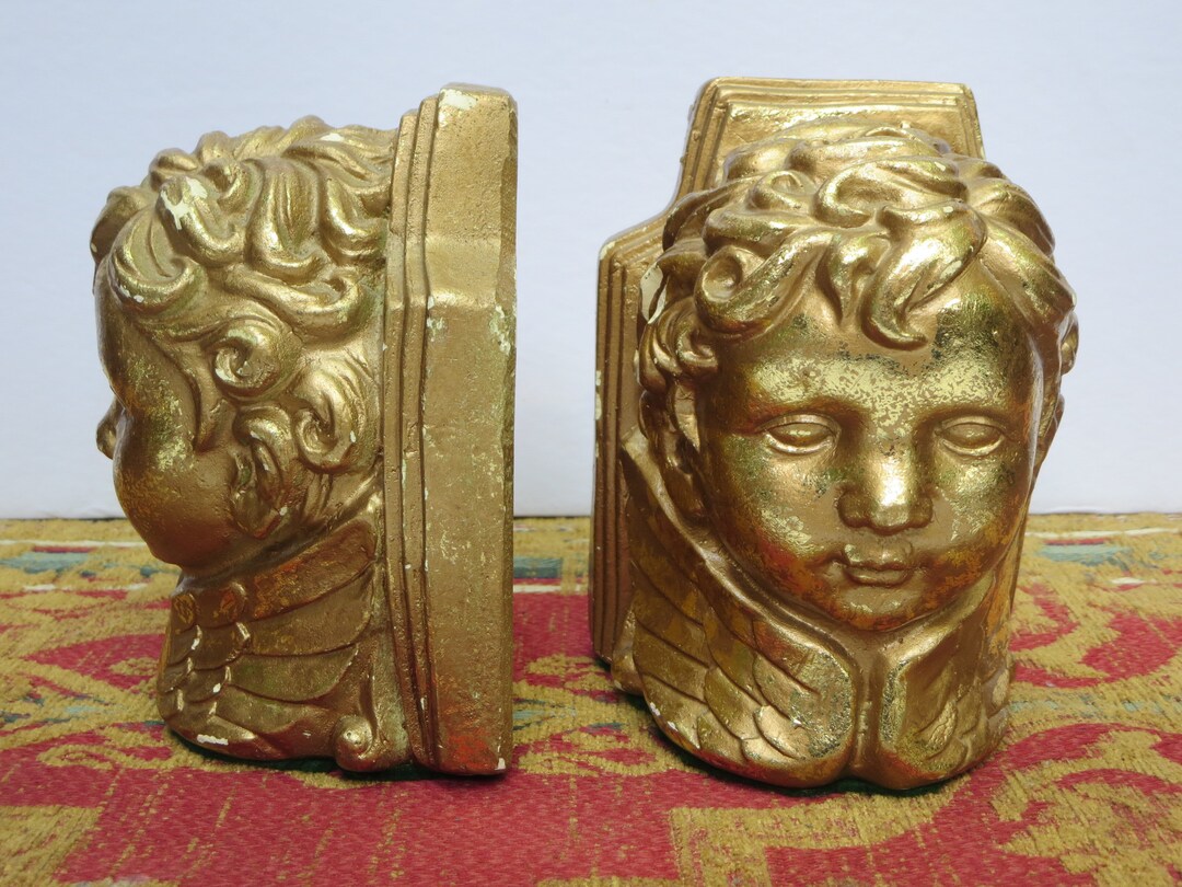 CHERUB BOOKENDS~ Gold Plaster Angel~ Chalkware Book Holder~ Library ...