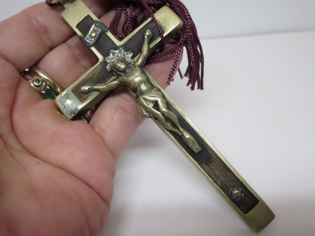 RELIGIOUS PECTORAL CROSS Cross Pendant Antique Brass & Wood Catholic ...