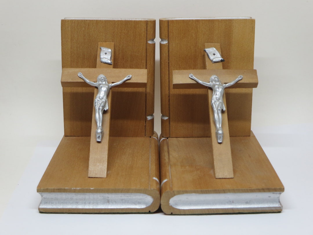 CRUCIFIX CROSS BOOKENDS~ Wodden Books Supports~ Jesus Christ~ Religious ...