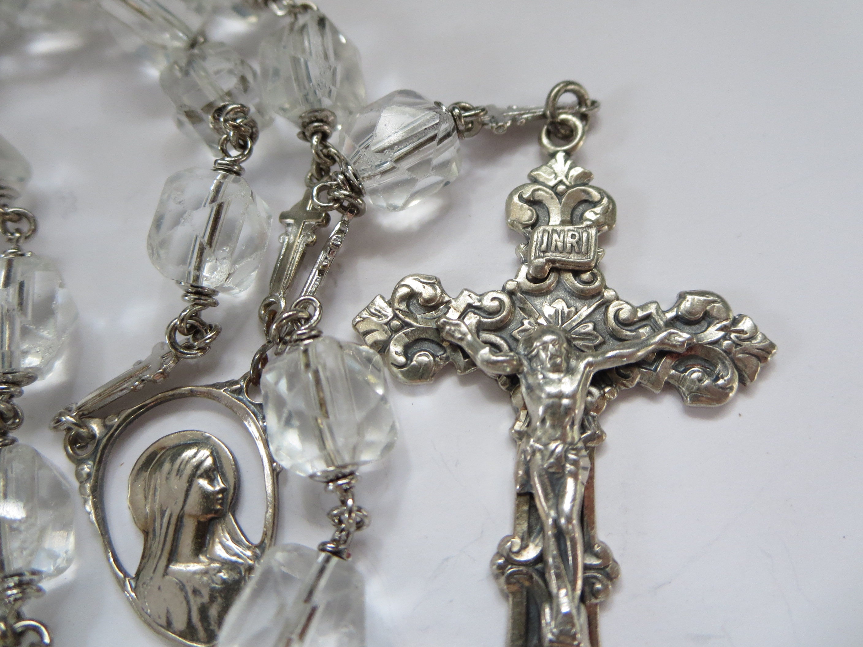 PRAYER ROSARY NECKLACE~ Crystal Beads Rosary~ Sterling Silver~ Heavy ...