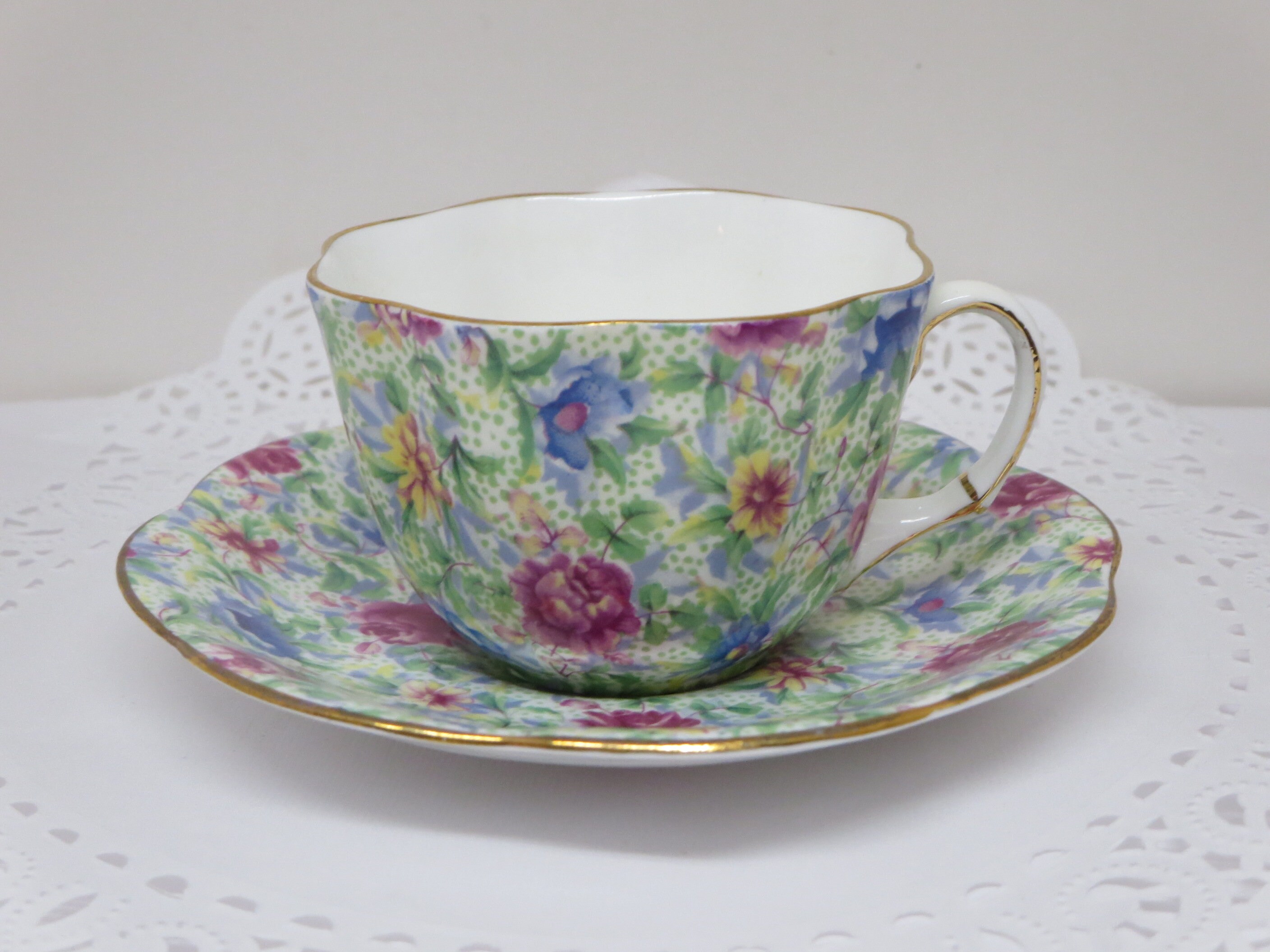 TEACUP SAUCER PORCELAIN~ Half Cup~ Vintage Collectible~ Chintz Floral ...