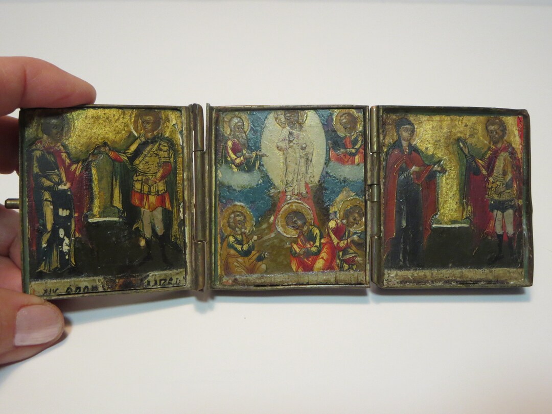TRIPTYCH ICON~ Orthodox Religious Art Icon~ Antique Travel Pocket Triptych~ Miniature Wood Frame ...
