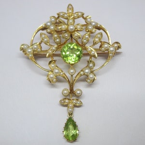 EDWARDIAN 15K GOLD PERIDOT Pendant and Large Brooch Pearls Lavalier ...