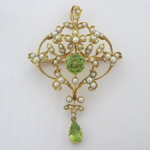 EDWARDIAN 15K GOLD PERIDOT Pendant and Large Brooch Pearls Lavalier ...