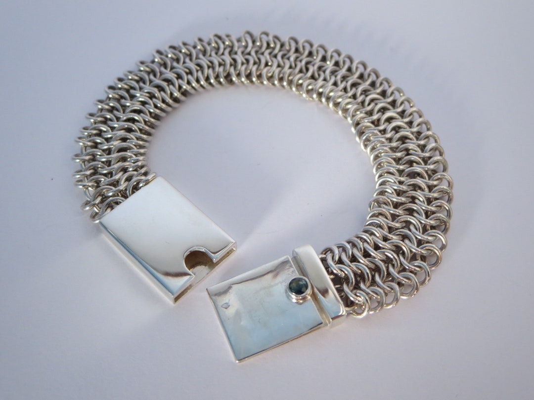 UNIQUE CHAIN BRACELET 925 Silver Large Braided Unique Chainmail Blue ...