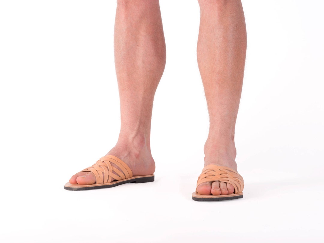 Natural Tan Men Sandals, Slides by Nikola. - Etsy