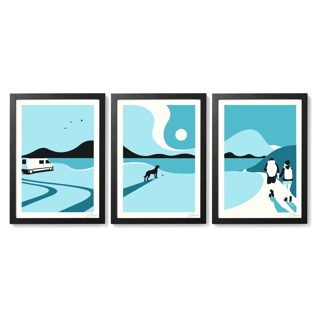 Minimal Beach Landscape Print - Campervan | Dog | Walkers - Adventure ...