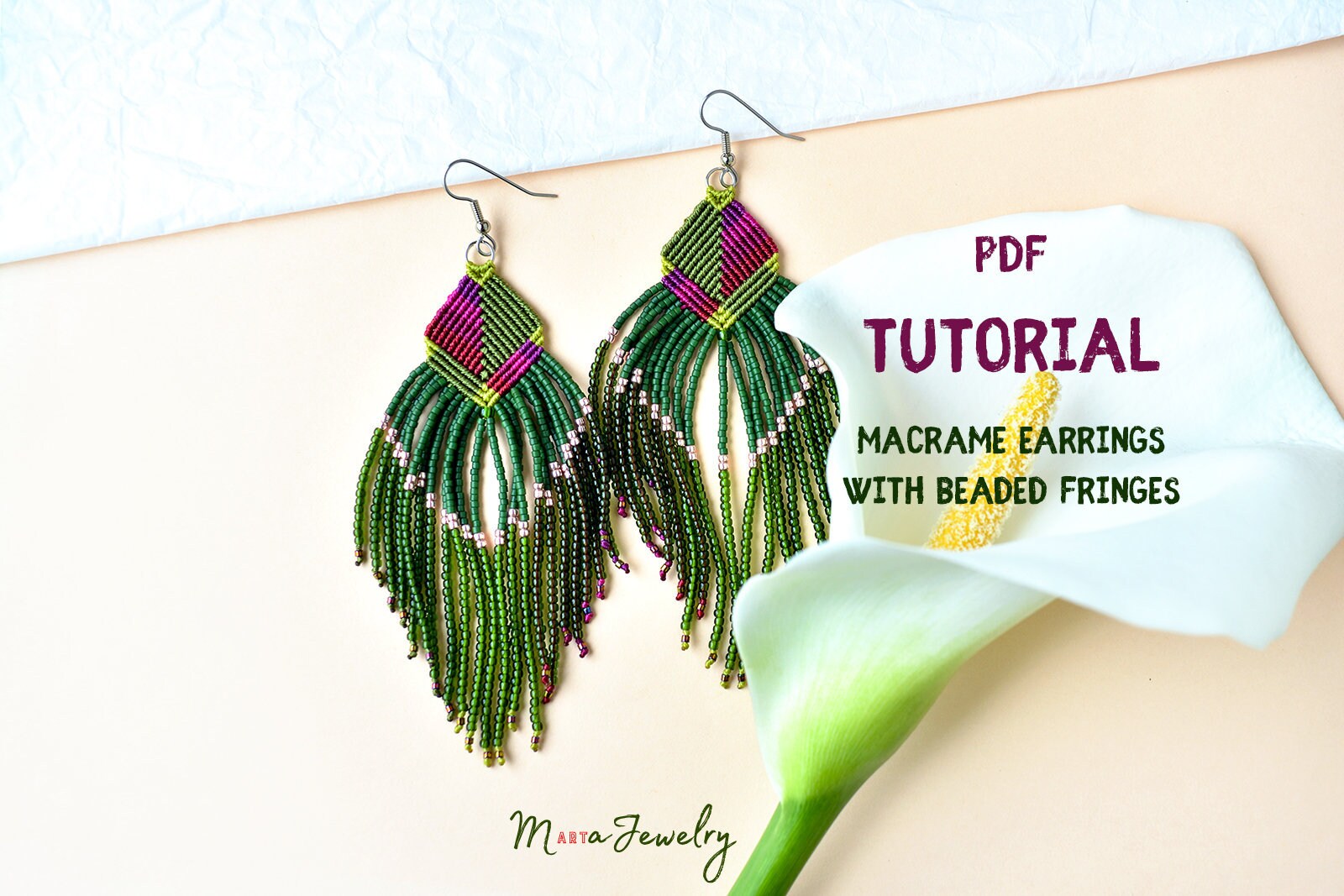 PDF tutorial macrame earrings with beaded fringes DIY | Etsy