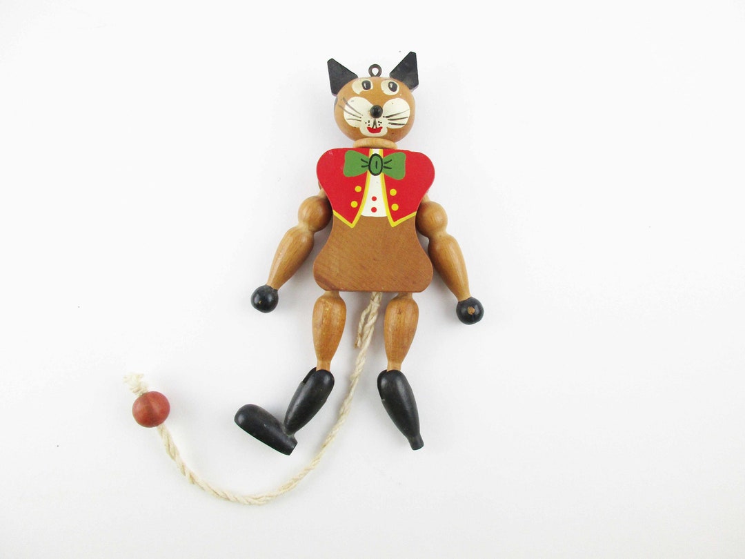 Fun, Painted Wood Cat Figure Pull String With Wood Ball Pops up and ...