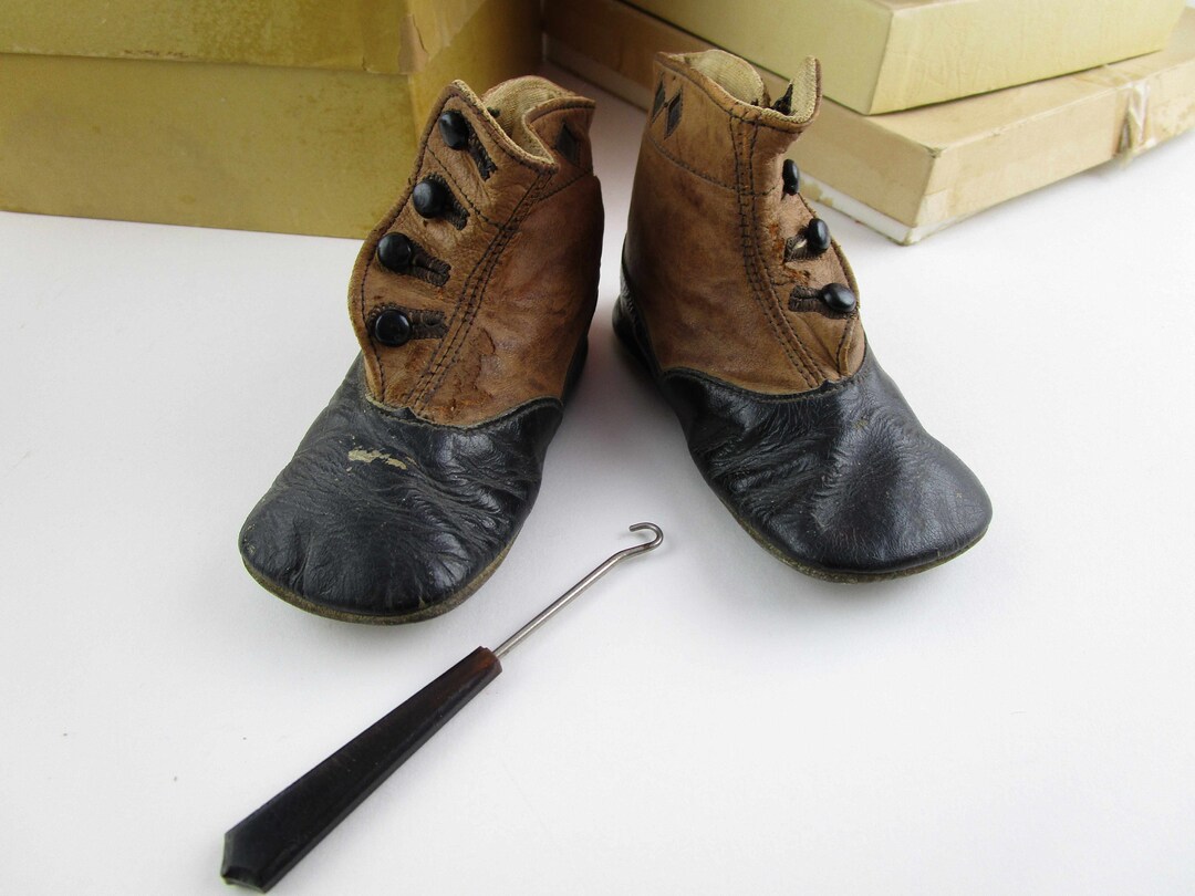 Vintage Leather 1900s Child's Shoes With Button Hook - Black and Soft ...