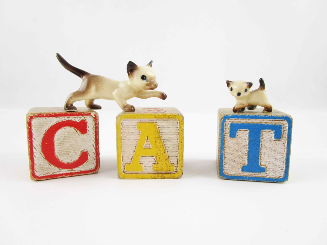 Three 'CAT' Blocks With a Mother and Baby Siamese Cats - 1 1/4" Wood ...
