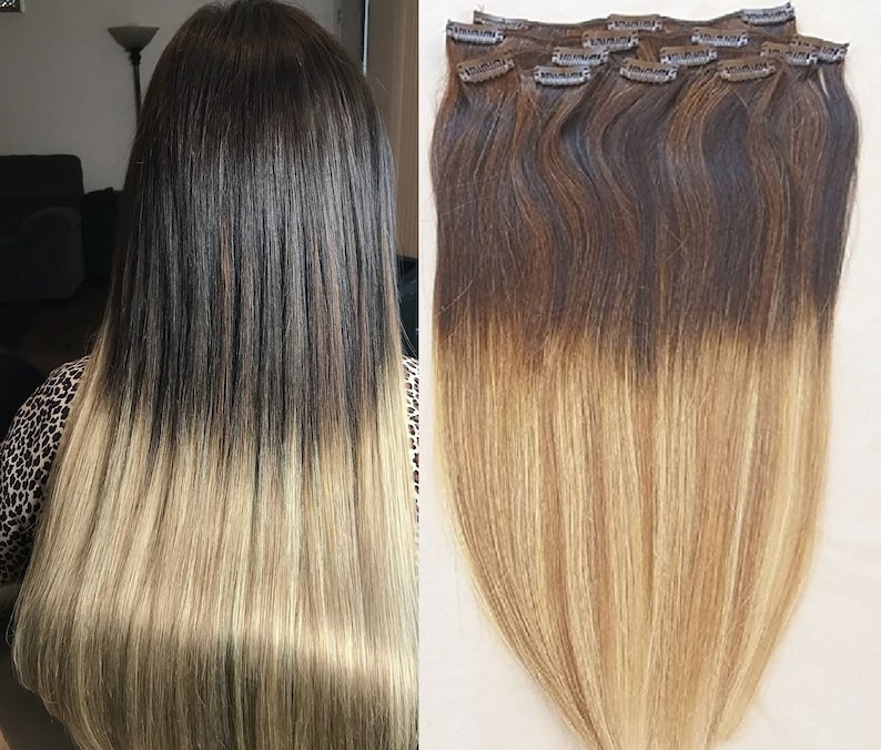 20″ Ombre Balayage Clip in Hair Extensions Real Human Hair Clip on for ...