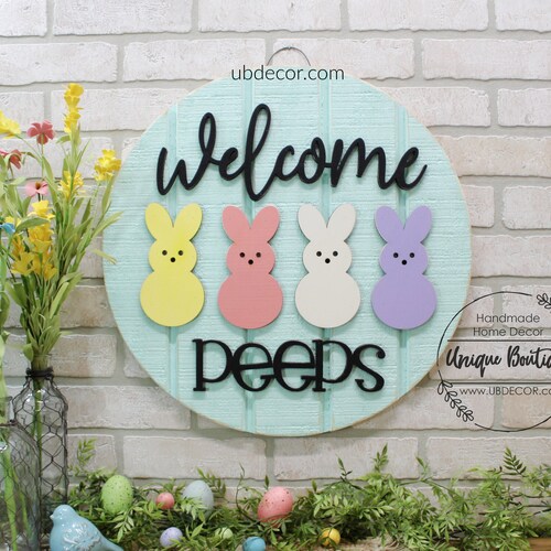 Welcome Peeps Sign Happy Easter Bunny Door Decor Spring Door - Etsy