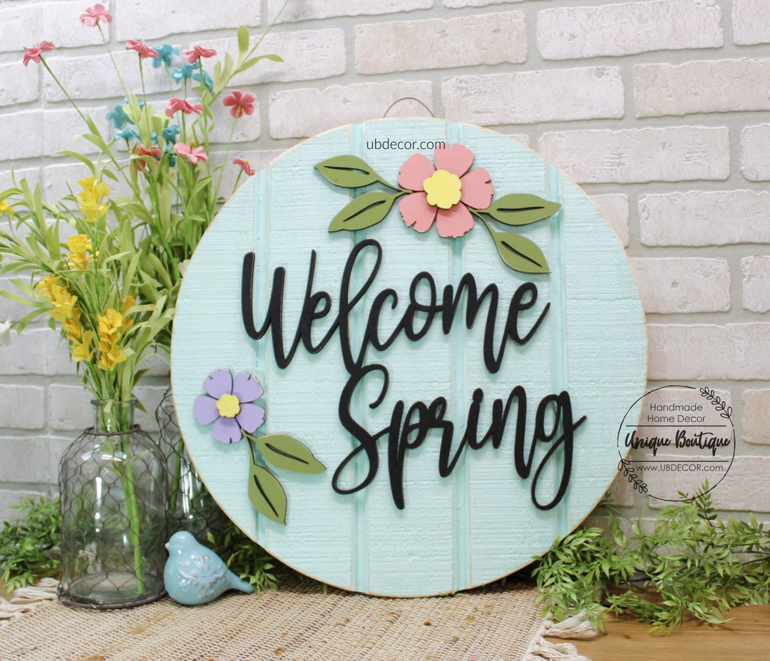 Welcome Spring Door Hanger, Spring Wreath for Front Door, Teal Blue ...