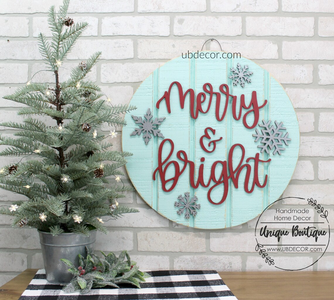 Merry & Bright Door Sign, Snowflake Door Hanger, Modern Rustic ...