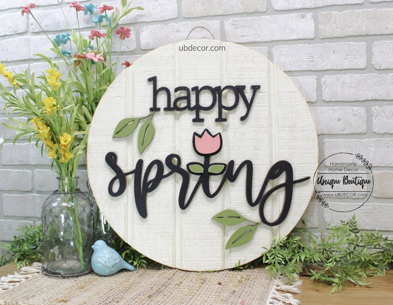 Spring Wreath for Front Door, Happy Spring Door Hanger, Pink Tulip ...