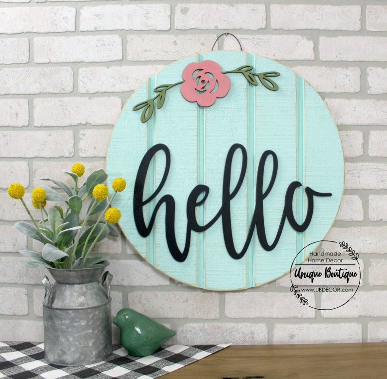 Hello Sign for Front Door Teal Blush Pink Flower Door Hanger - Etsy