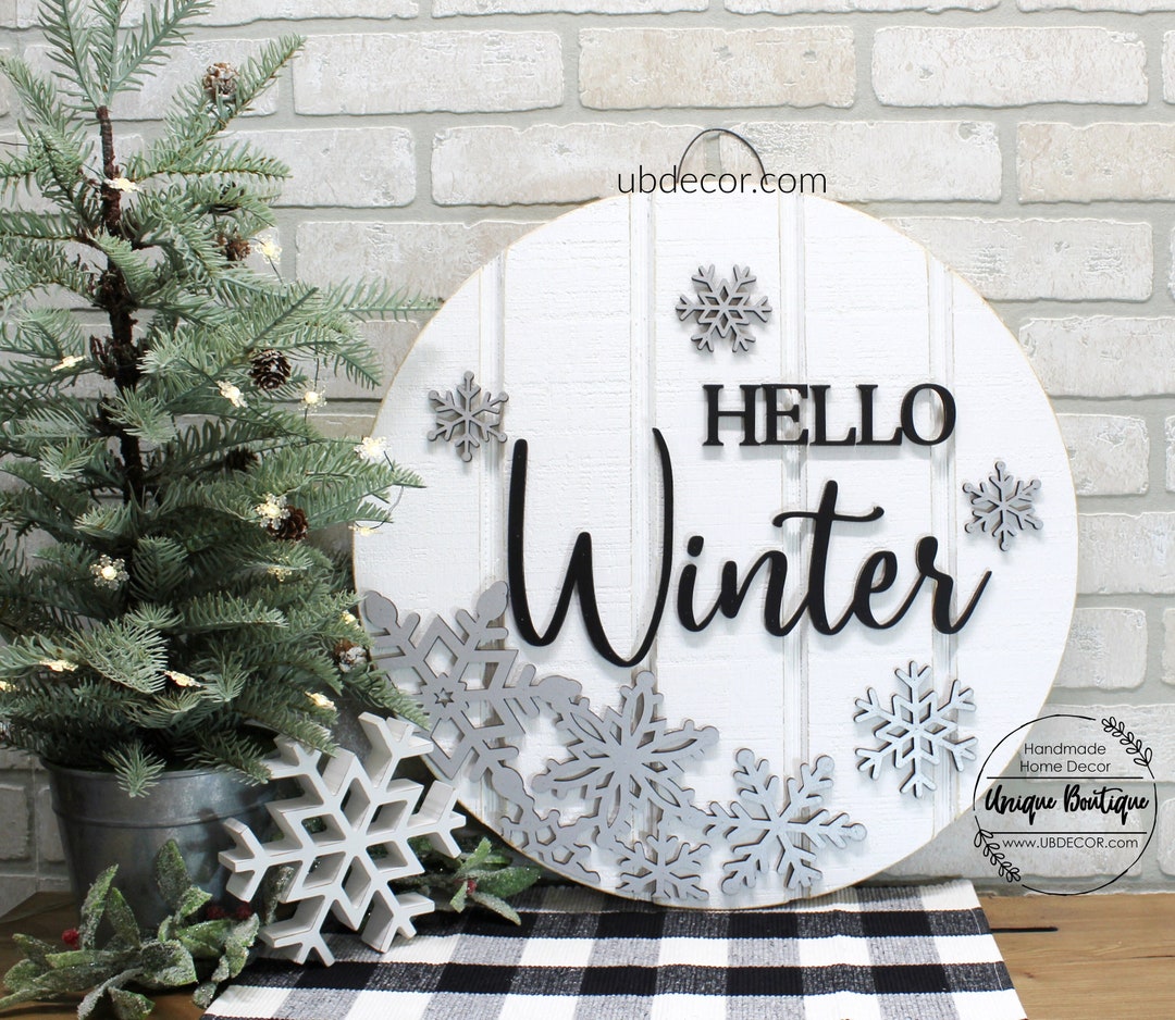 Hello Winter Door Sign, Snowflake Door Hanger, Black & White Wood ...