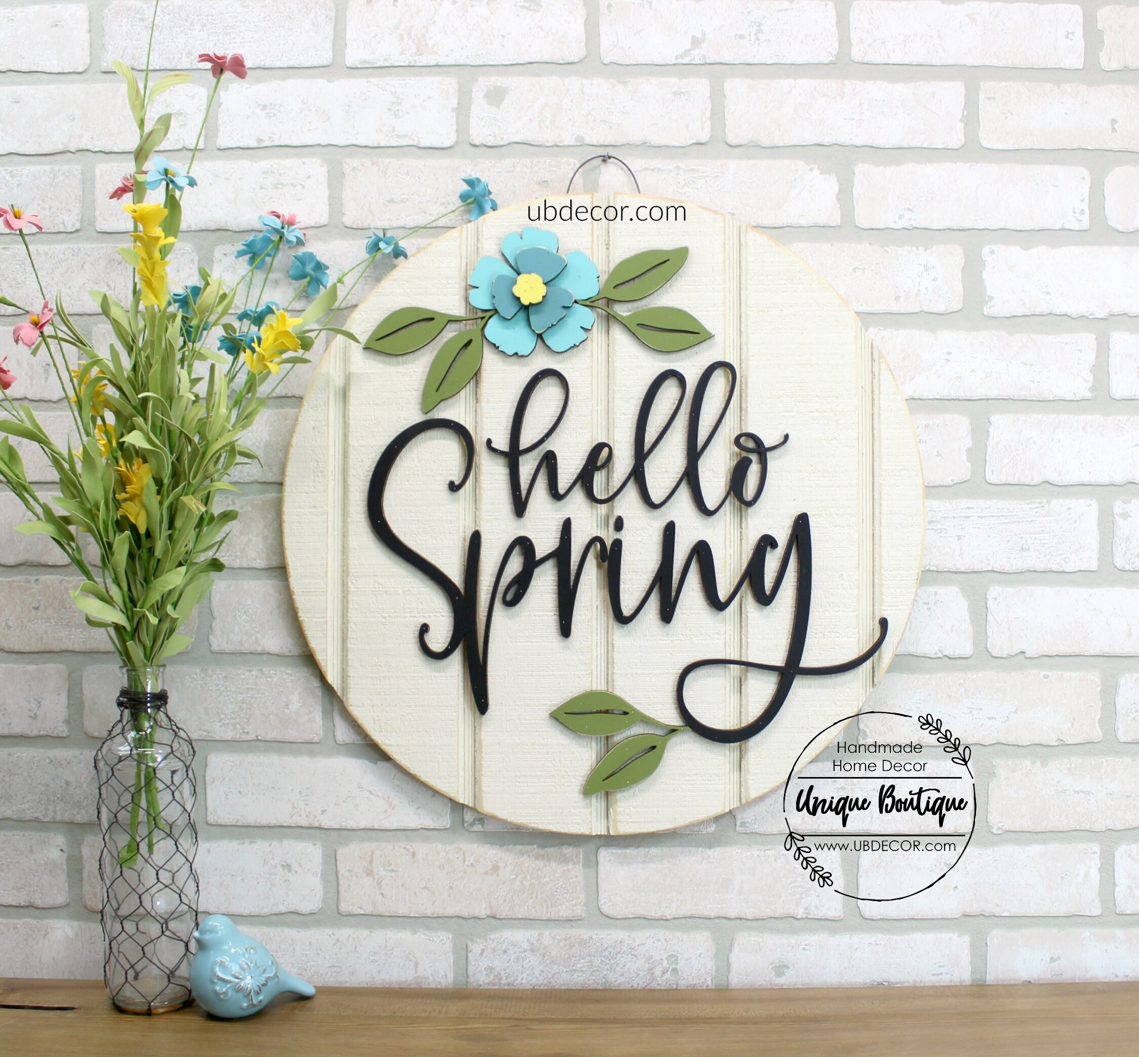 Hello Spring Door Hanger With Teal Blue Flower Rustic Shiplap | Etsy