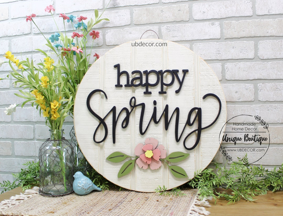 Happy Spring Door Hanger With Blush Pink Flower, Rustic Shiplap Front ...