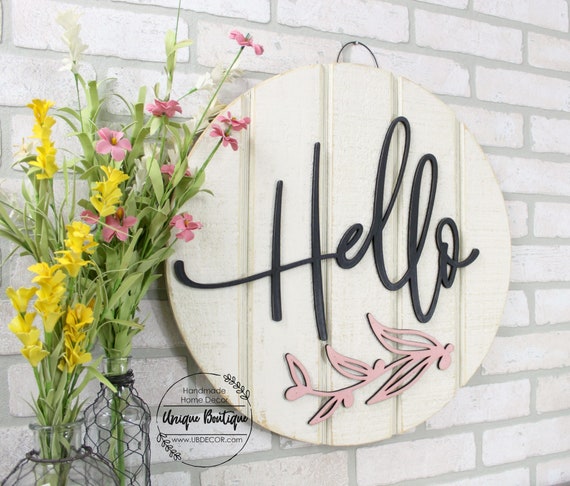 Hello Sign Modern Door Decor Blush Pink Flourish Front Door | Etsy