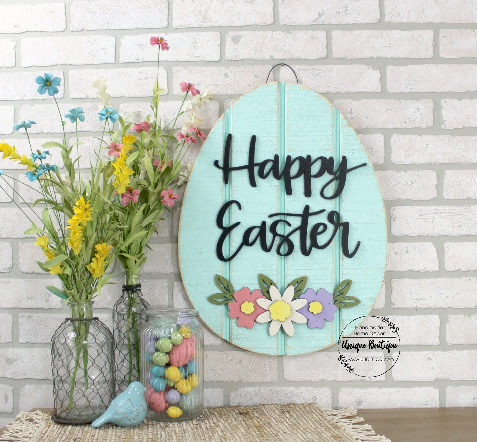 Happy Easter Sign With Flowers Easter Egg Door Decor Spring | Etsy